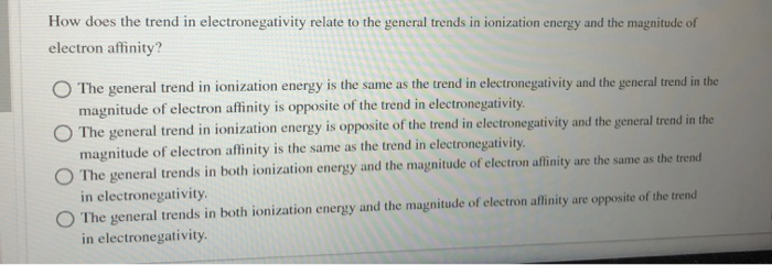 Solved How does the trend in electronegativity relate to the | Chegg.com