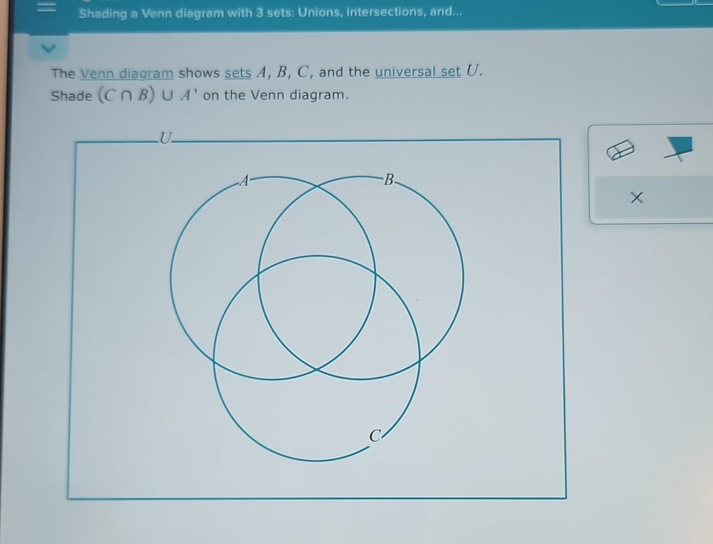 Solved The Venn diagram shows sets A,B,C, and the universal | Chegg.com