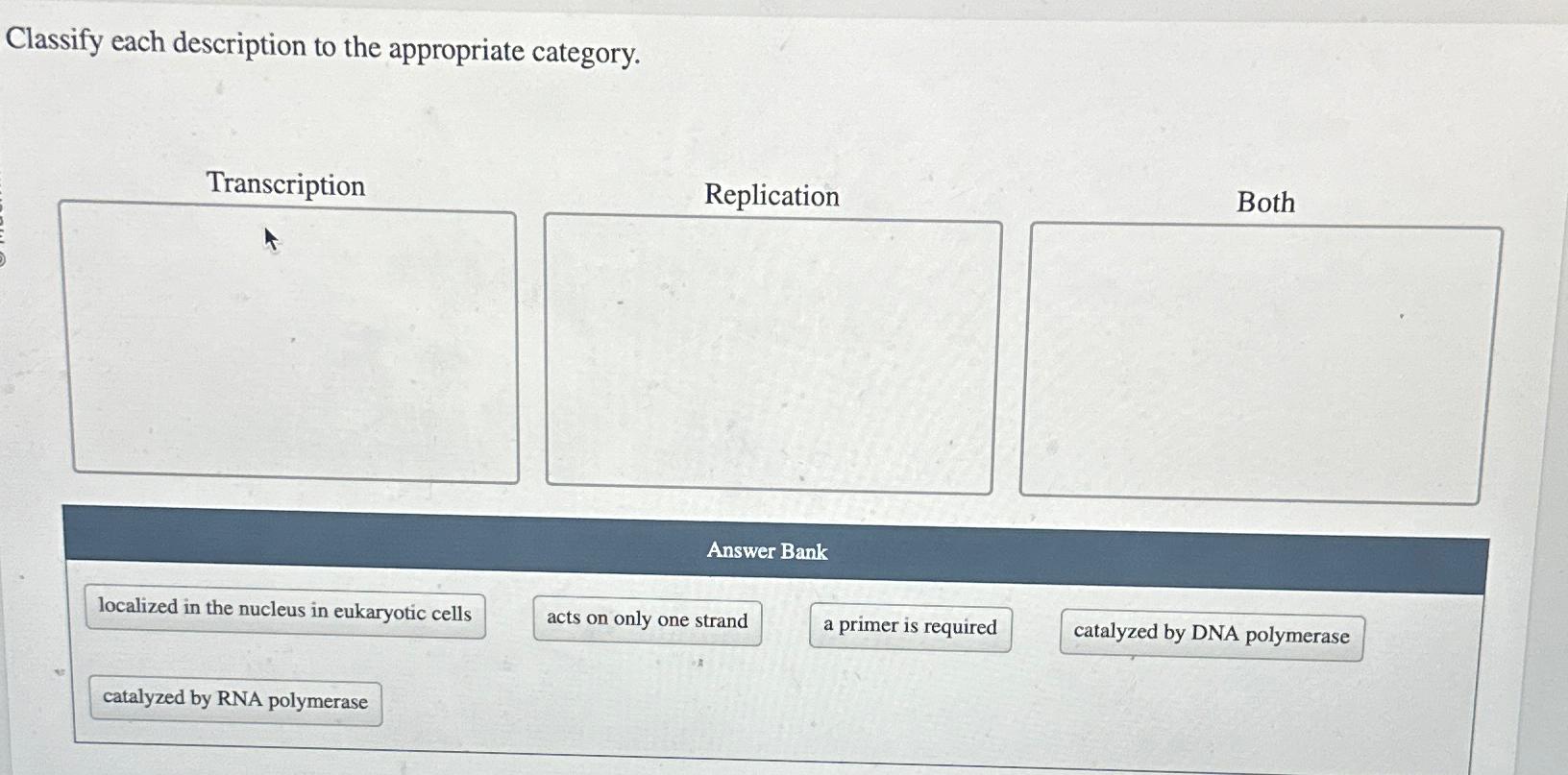 Solved Classify each description to the appropriate | Chegg.com