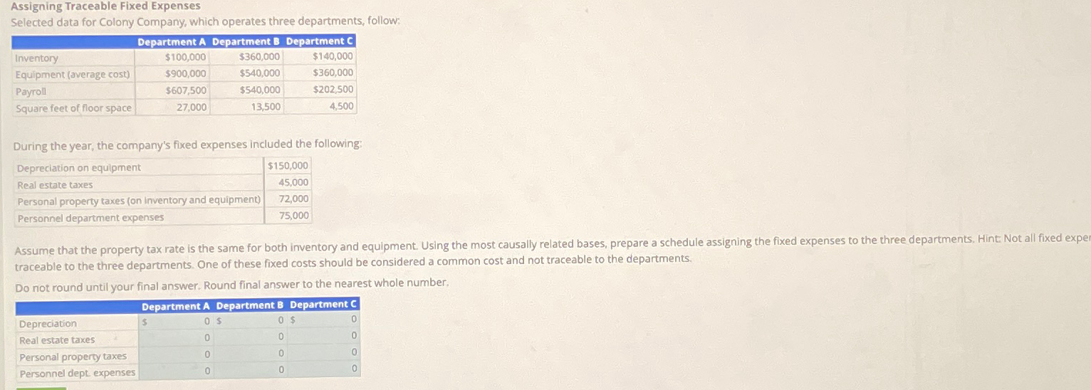 Solved Assigning Traceable Fixed ExpensesSelected data for | Chegg.com