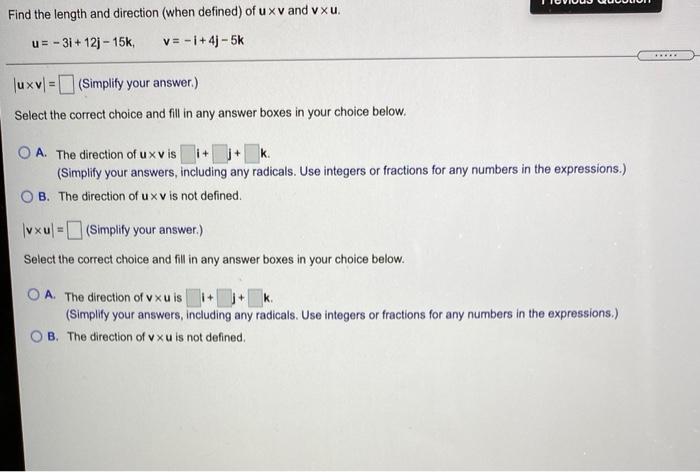 Solved Find the length and direction (when defined) of u xv | Chegg.com