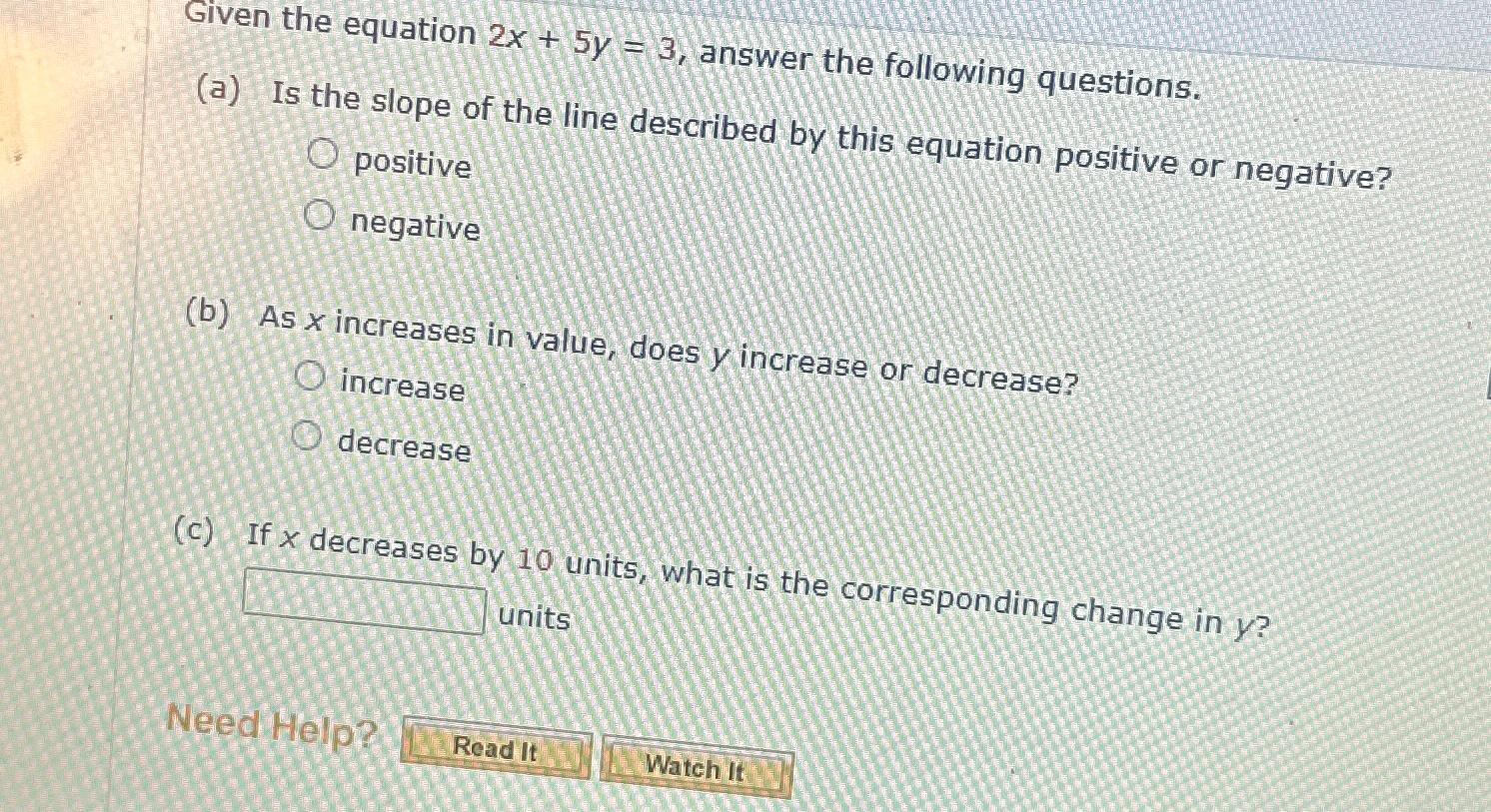 Solved Given the equation 2x+5y=3, ﻿answer the following | Chegg.com