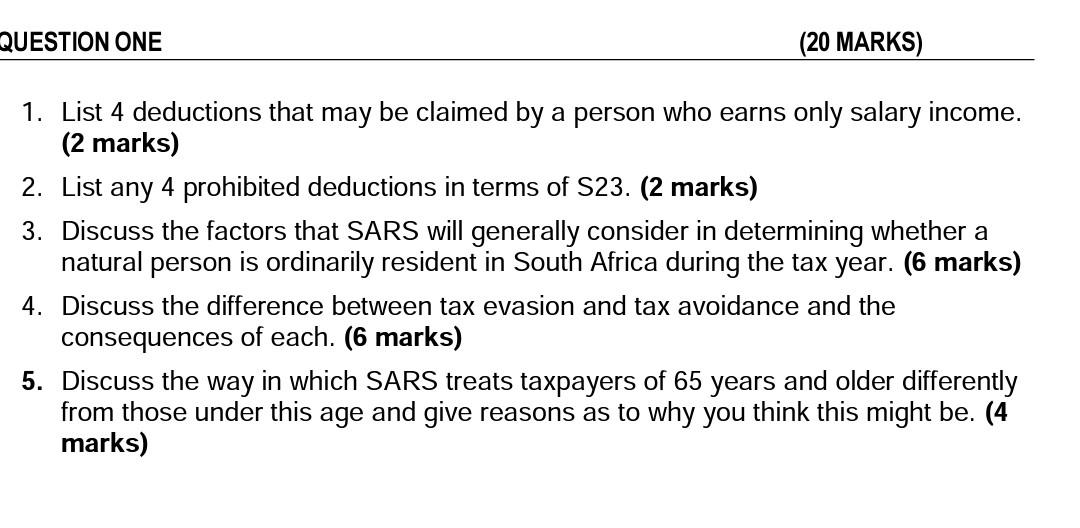 Solved QUESTION ONE (20 MARKS) 1. List 4 deductions that may | Chegg.com Solved QUESTION ONE (20 MARKS) 1. List 4 deductions that may | Chegg.com