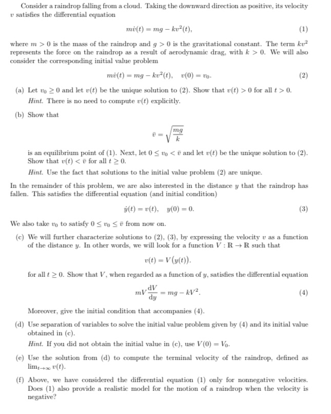 Solved Consider a raindrop falling from a cloud. Taking the | Chegg.com