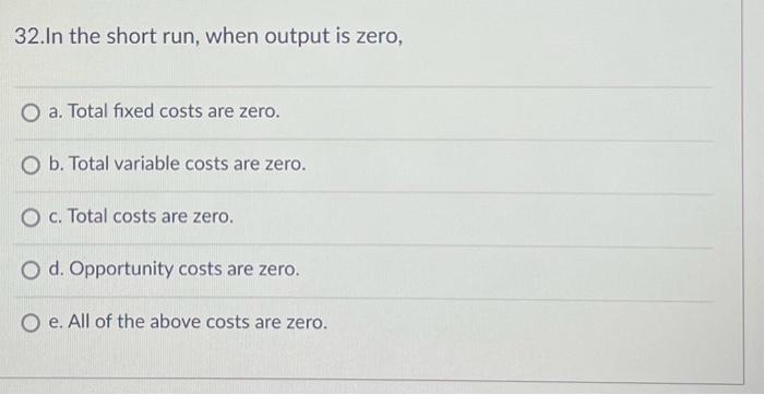 Solved 32. In the short run, when output is zero, a. Total | Chegg.com
