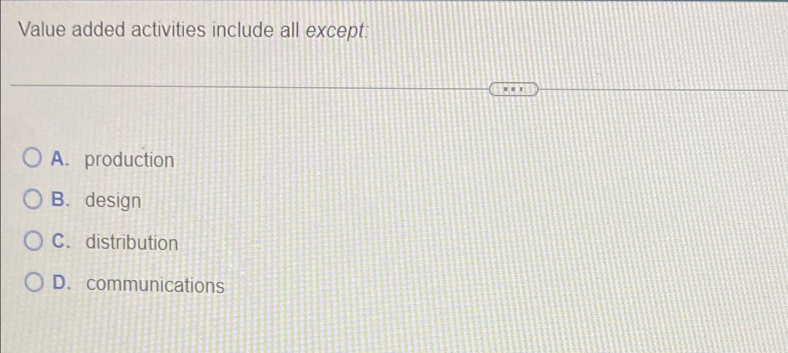 Solved Value added activities include all except:A. | Chegg.com