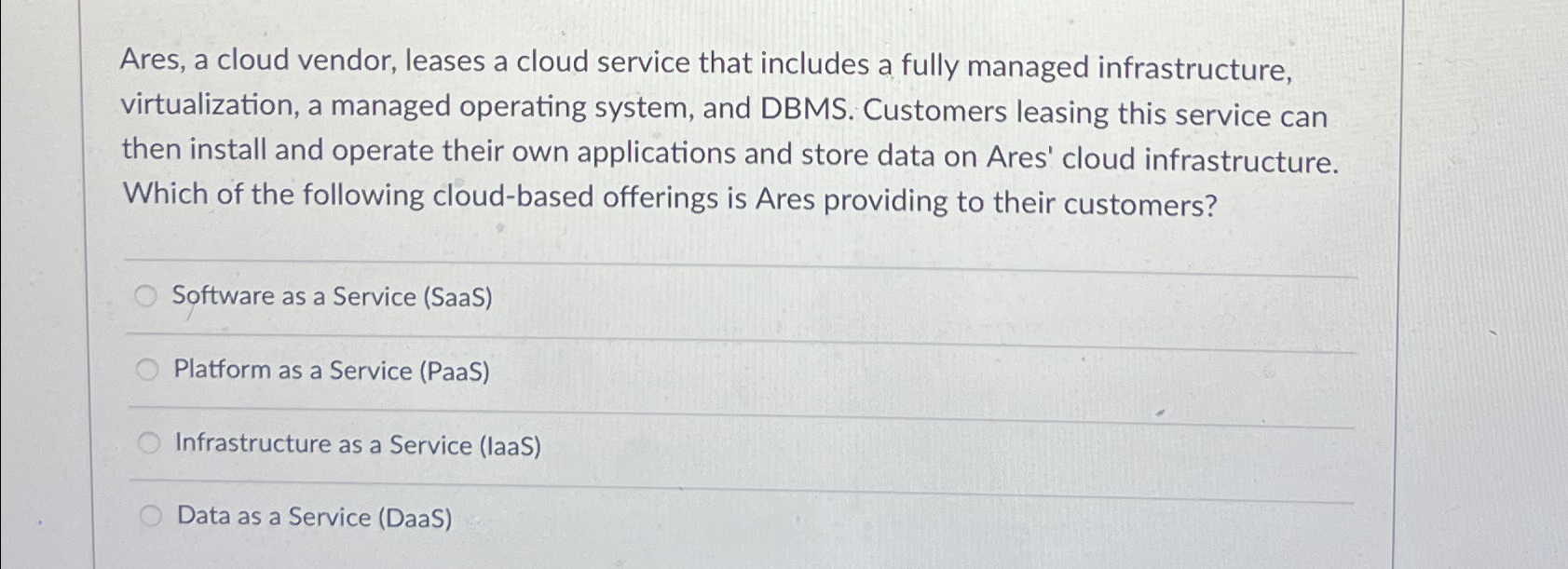 Solved Ares, a cloud vendor, leases a cloud service that | Chegg.com