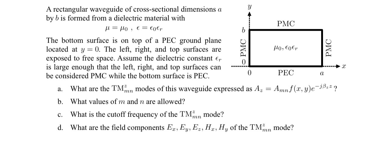 Solved A rectangular waveguide of cross-sectional dimensions | Chegg.com