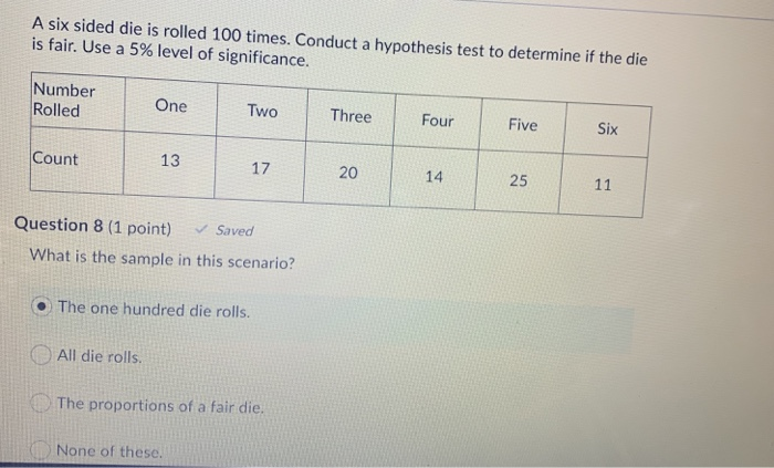 Solved A six sided die is rolled 100 times. Conduct a | Chegg.com