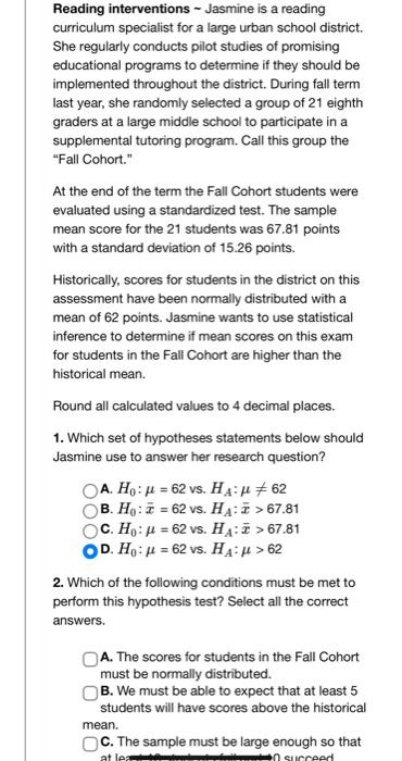 Solved Reading interventions \\( ~ \\) Jasmine is a reading | Chegg.com
