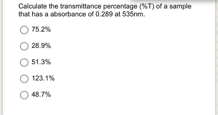 Solved Calculate the transmittance percentage (\%T) of a | Chegg.com