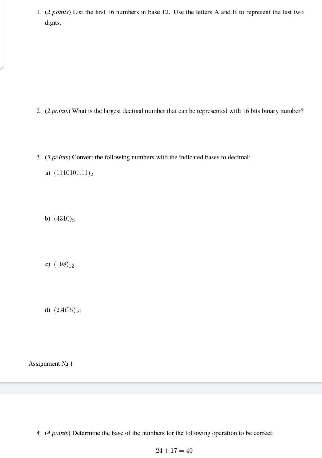 Solved 1. (2 points) List the first 16 numbers in base 12. | Chegg.com