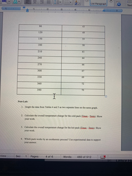 Table 1: Cold Pack Data Time (see) Temperature | Chegg.com