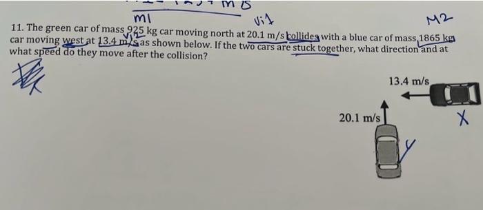 Solved 11. The green car of mass 925 kg car moving north at | Chegg.com