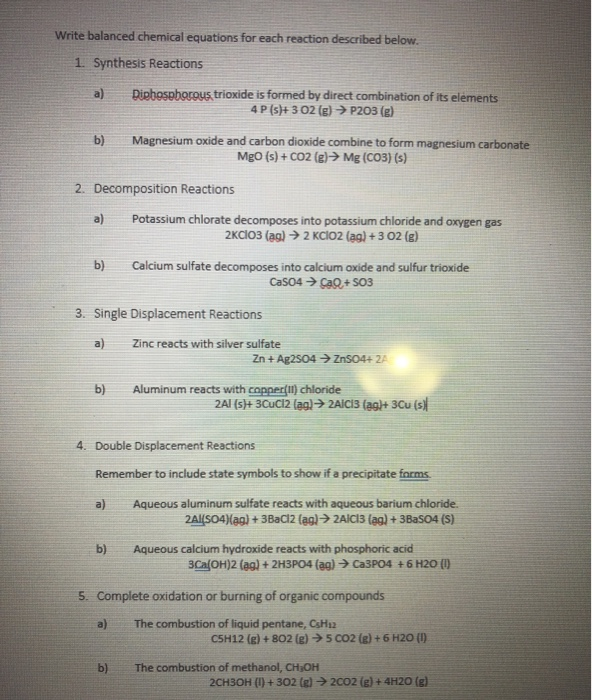 Solved Write balanced chemical equations for each reaction | Chegg.com