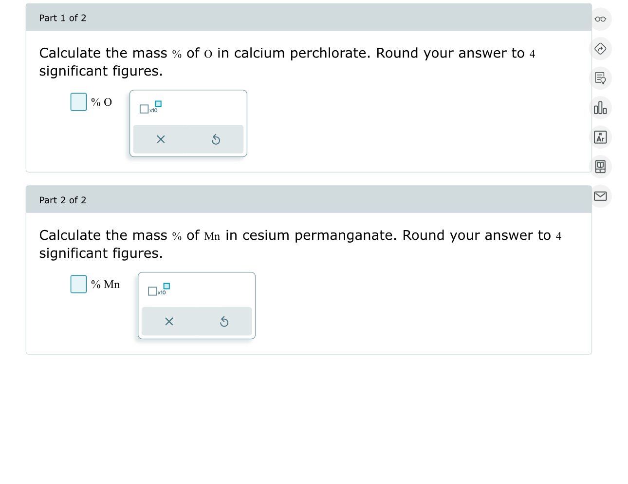 Solved Part 1 ﻿of 2Calculate the mass % ﻿of O ﻿in calcium | Chegg.com