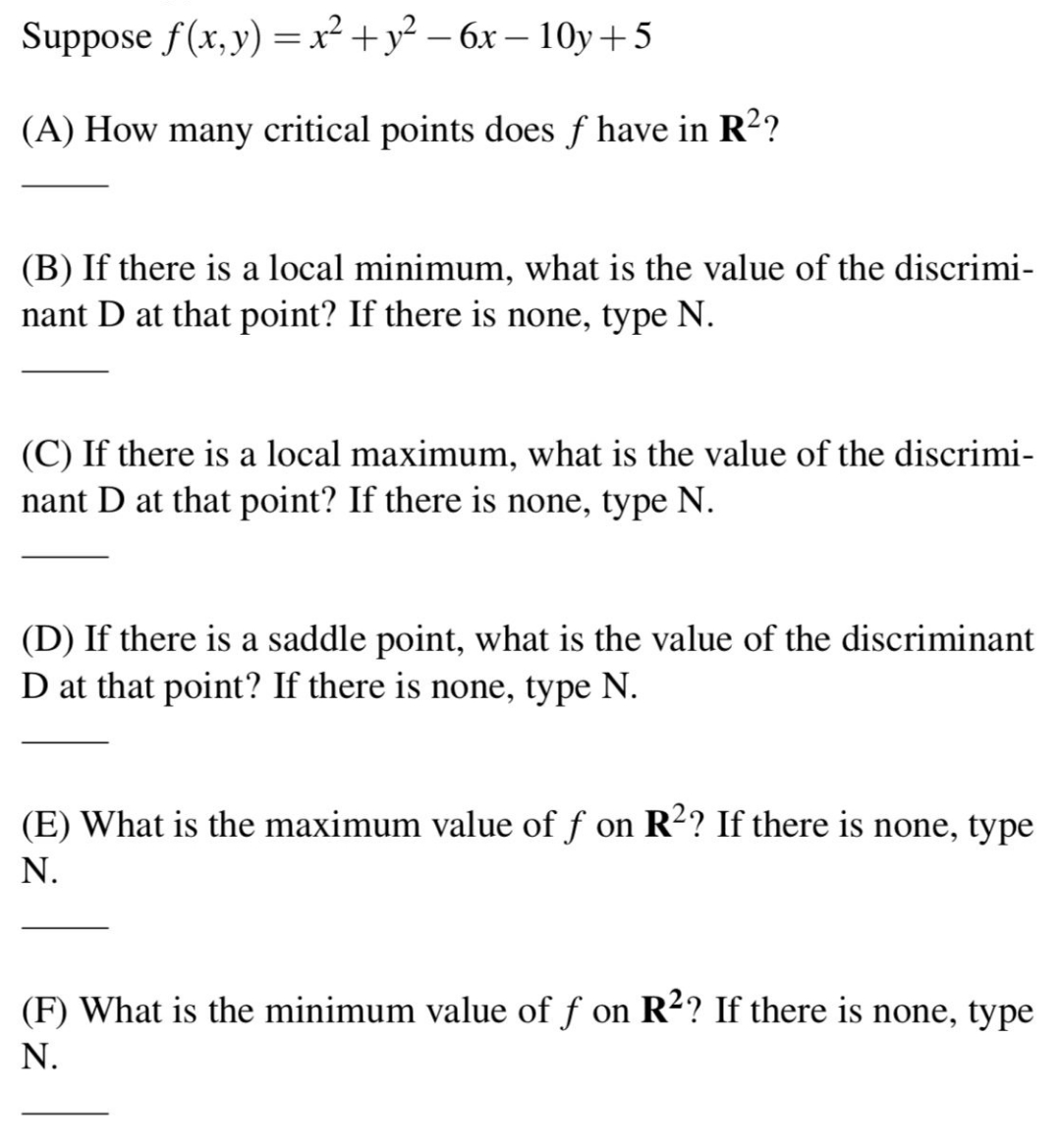Solved Suppose f(x,y)=x2+y2-6x-10y+5(A) ﻿How many critical | Chegg.com