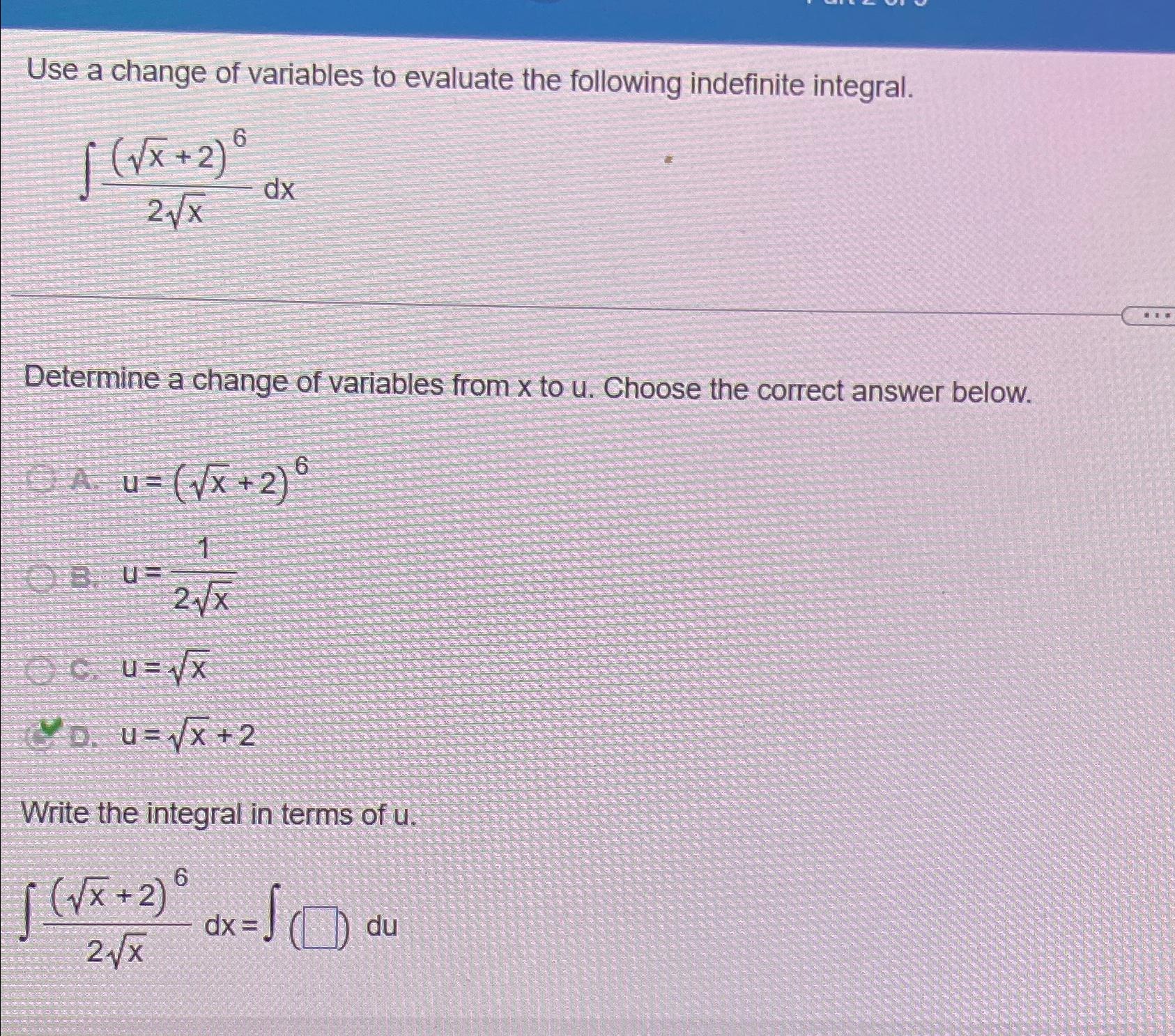 Solved Use a change of variables to evaluate the following | Chegg.com
