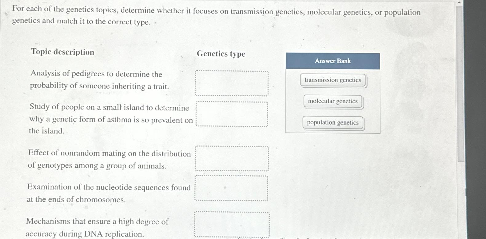 Solved For each of the genetics topics, determine whether it | Chegg.com