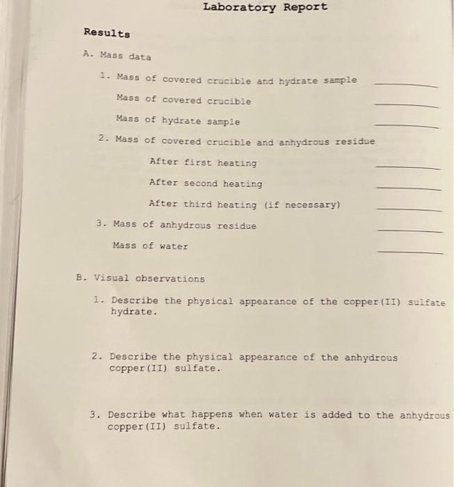 A. Mass data 1. Mass of covered crucible and hydrate | Chegg.com