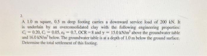Solved 2. A 1.0 m square, 0.5 m decp footing carries a | Chegg.com