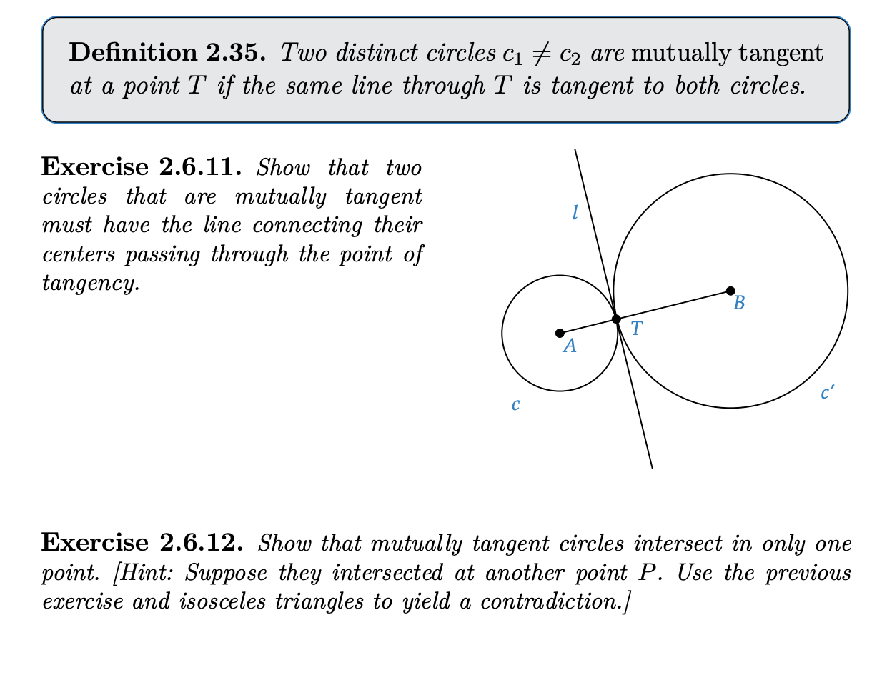 Solved Show that mutually tangent circles intersect in only | Chegg.com