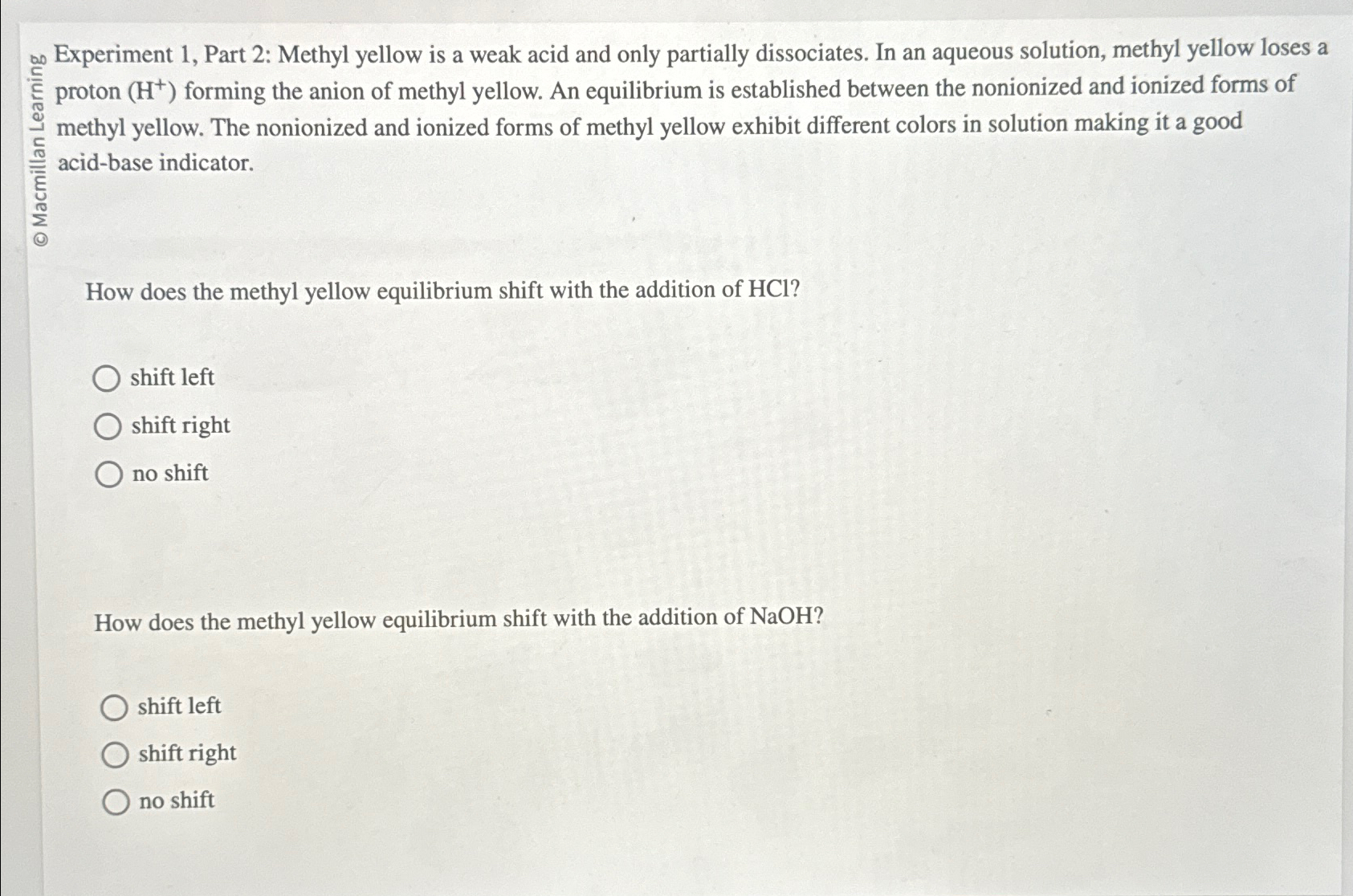 Solved an Experiment 1, ﻿Part 2: Methyl yellow is a weak | Chegg.com