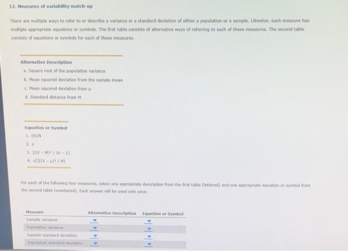 Solved 12. Measures of variability match-up There are | Chegg.com