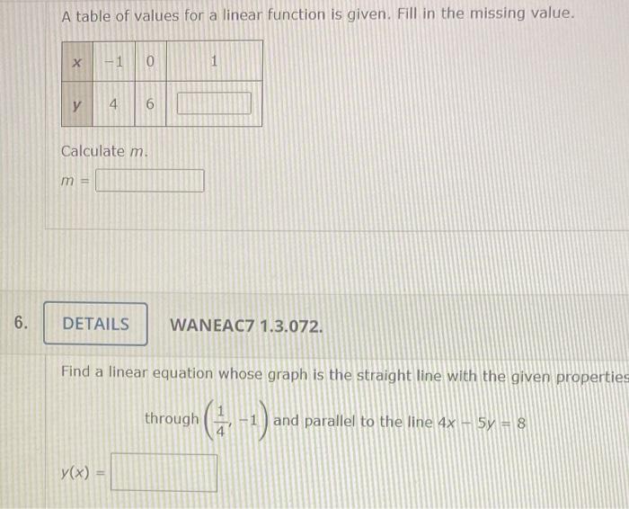 Solved A table of values for a linear function is given. | Chegg.com