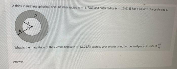 Solved A thick insulating spherical shell of irner radius | Chegg.com