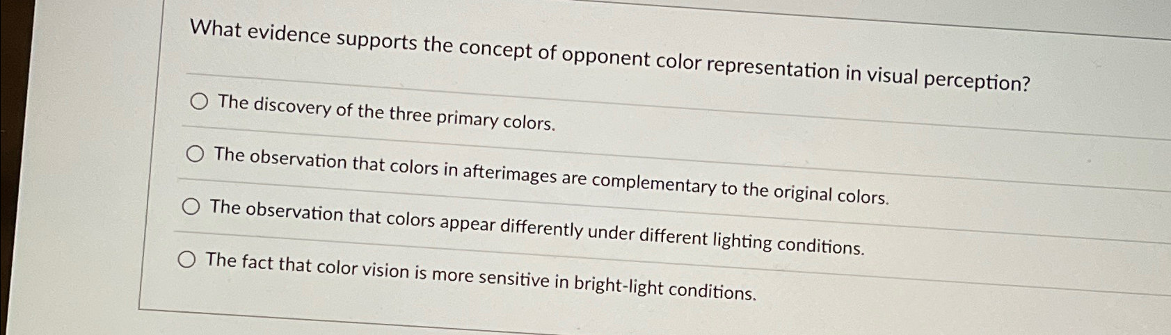 Solved What evidence supports the concept of opponent color | Chegg.com