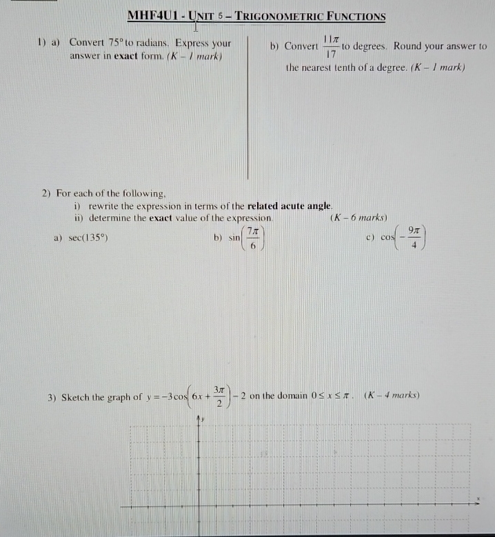 Solved MHF4U1 - ﻿UNIT 5 - ﻿TRIGONOMETRIC FUNCTIONSa) | Chegg.com