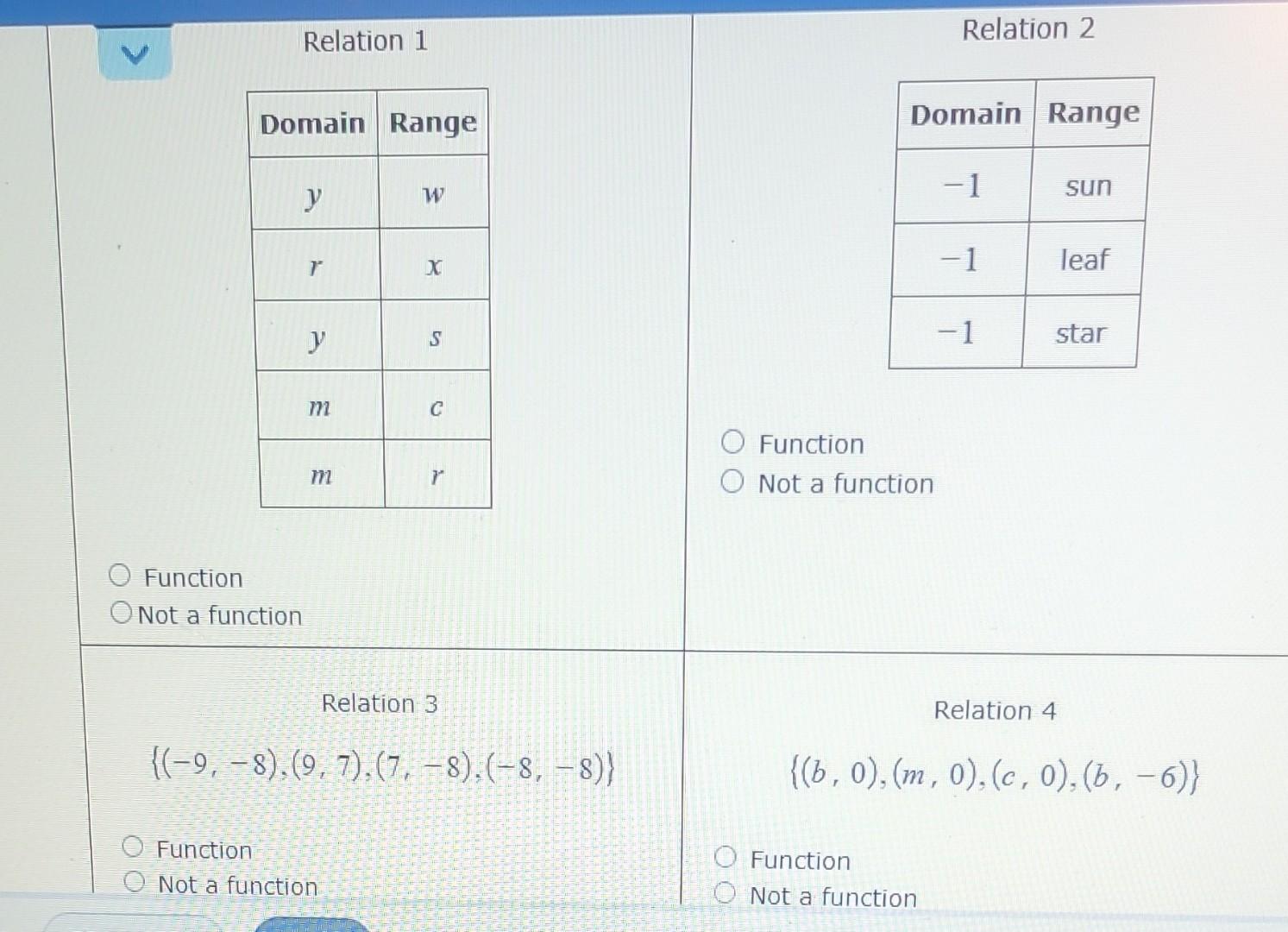Solved Relation 1 Relation 2 Function Not a function | Chegg.com Solved Relation 1 Relation 2 Function Not a function | Chegg.com
