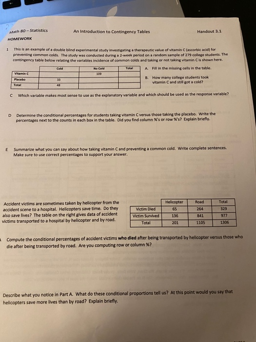 Solved An Introduction to contingency Tables Handout 3.1 | Chegg.com