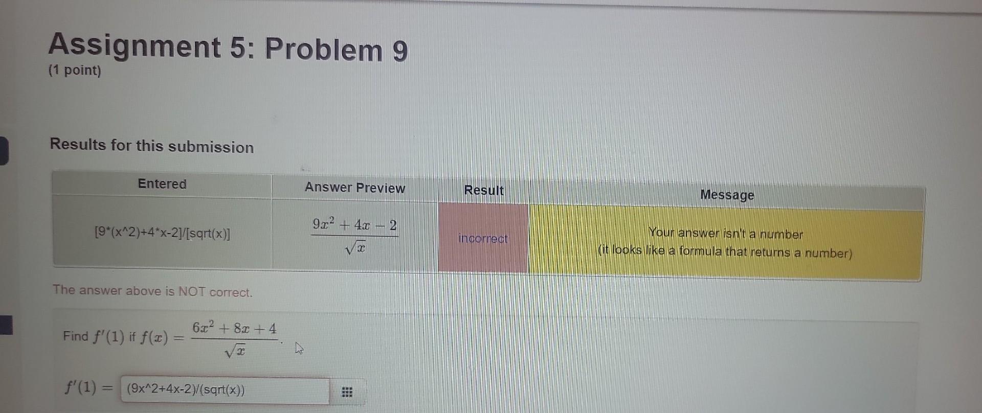 Solved Assignment 5: Problem 9 (1 point) Results for this | Chegg.com