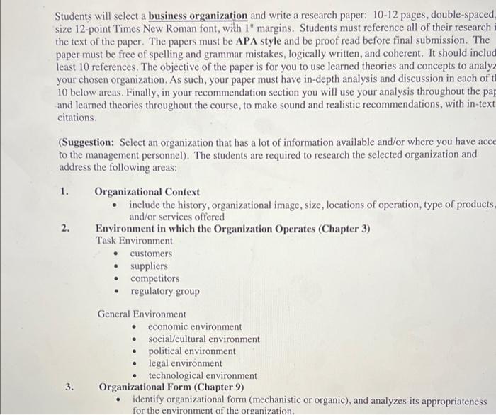 Solved Students Will Select A Business Organization And Chegg