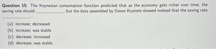 Solved Question 15: The Keynesian consumption function | Chegg.com