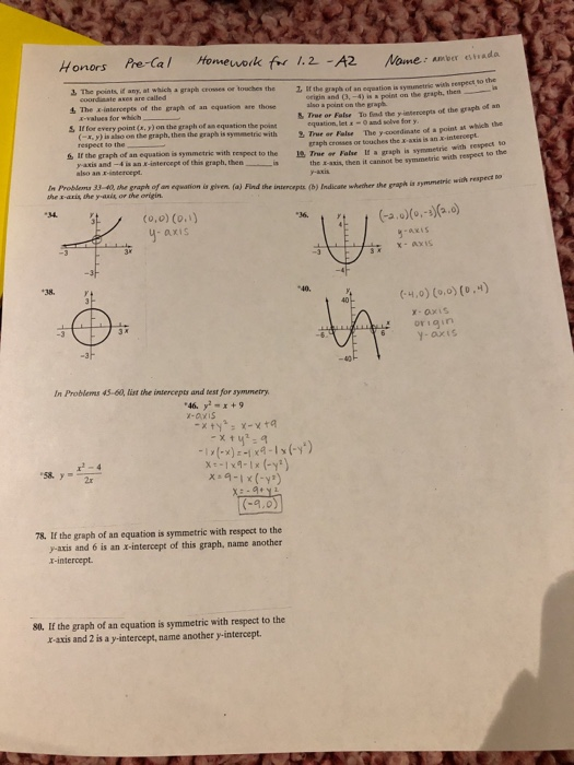 Solved Honors Pre-Cal Homework for 1.2 - A2 Name: amber | Chegg.com