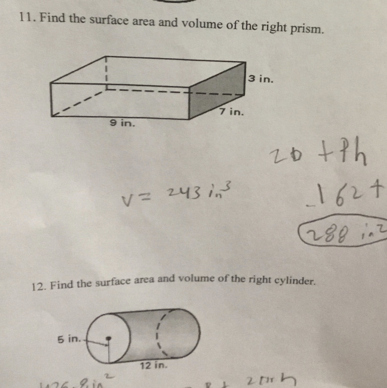 Solved Find the surface area and volume of the right | Chegg.com