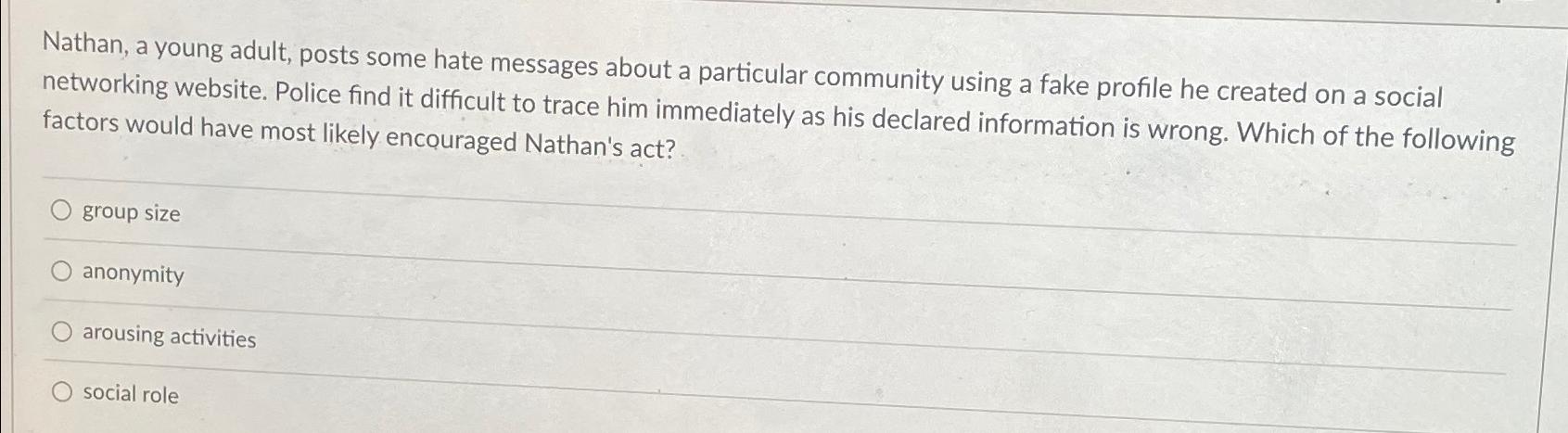 Solved Nathan, a young adult, posts some hate messages about | Chegg.com