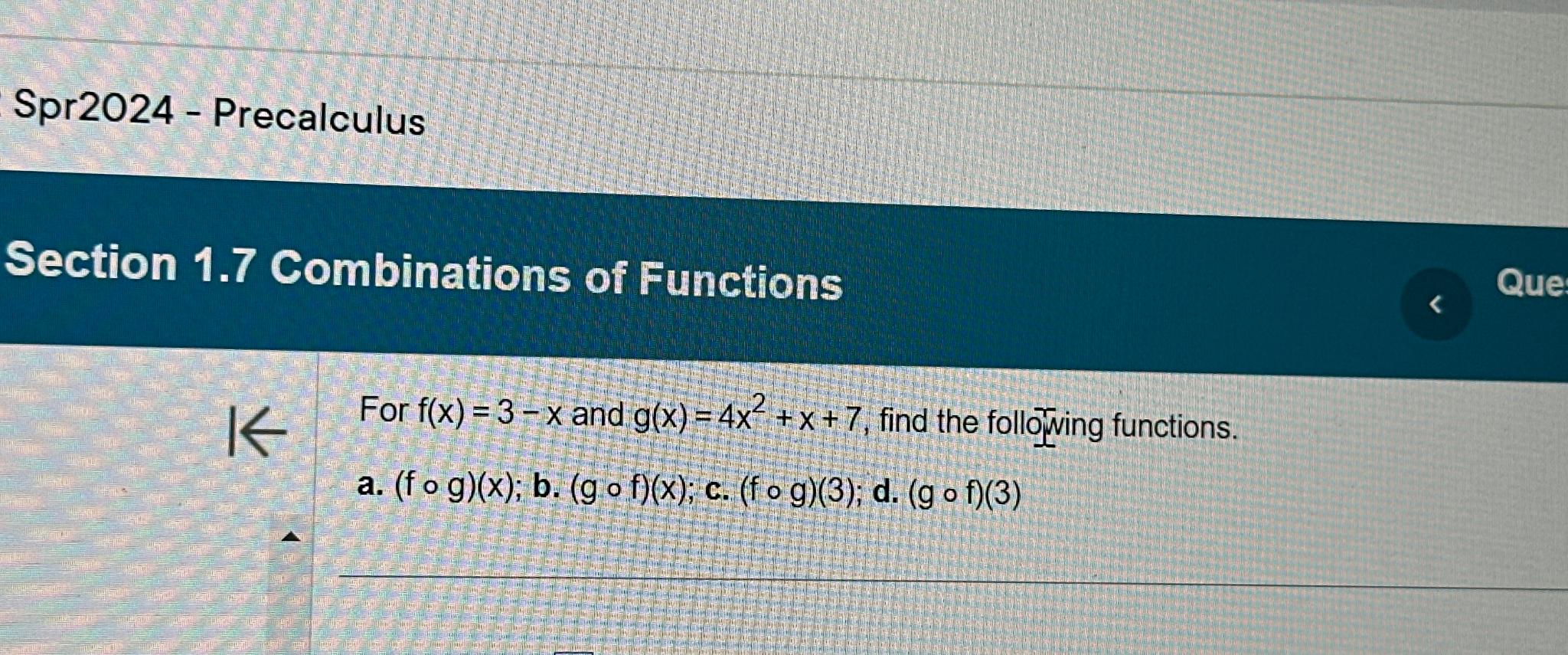 Solved For f(x)=3-x ﻿and g(x)=4x2+x+7, ﻿find the follo'ving | Chegg.com