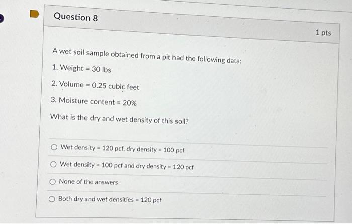 Solved A wet soil sample obtained from a pit had the | Chegg.com
