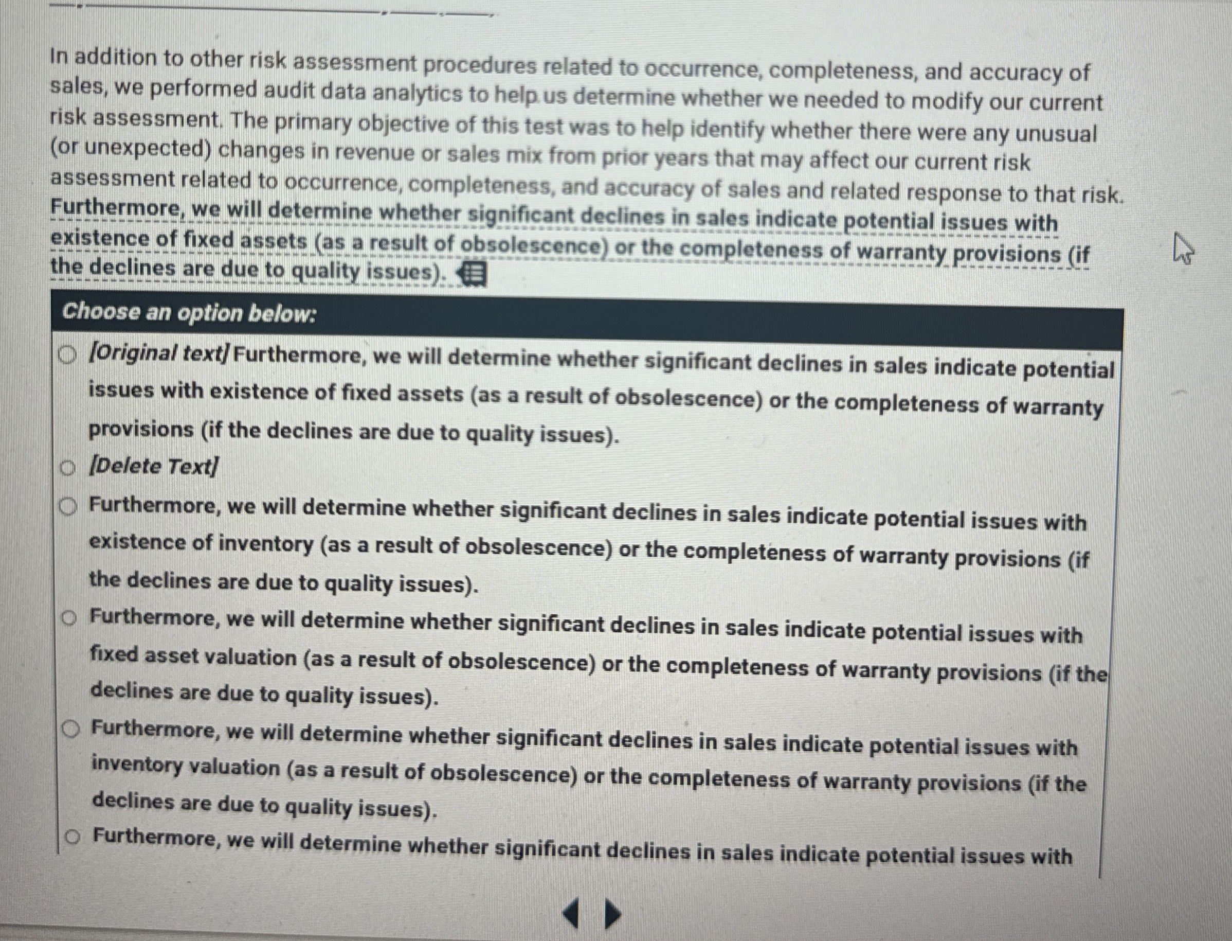 Solved In addition to other risk assessment procedures | Chegg.com