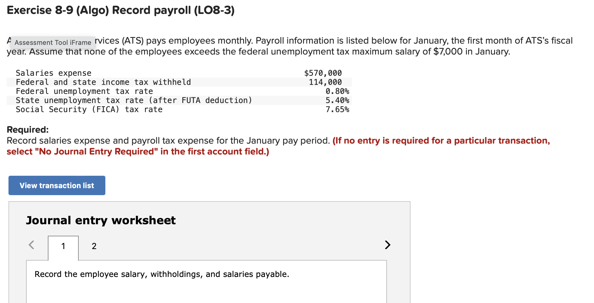 Solved Exercise 8-9 (Algo) ﻿Record payroll (LO8-3)A | Chegg.com