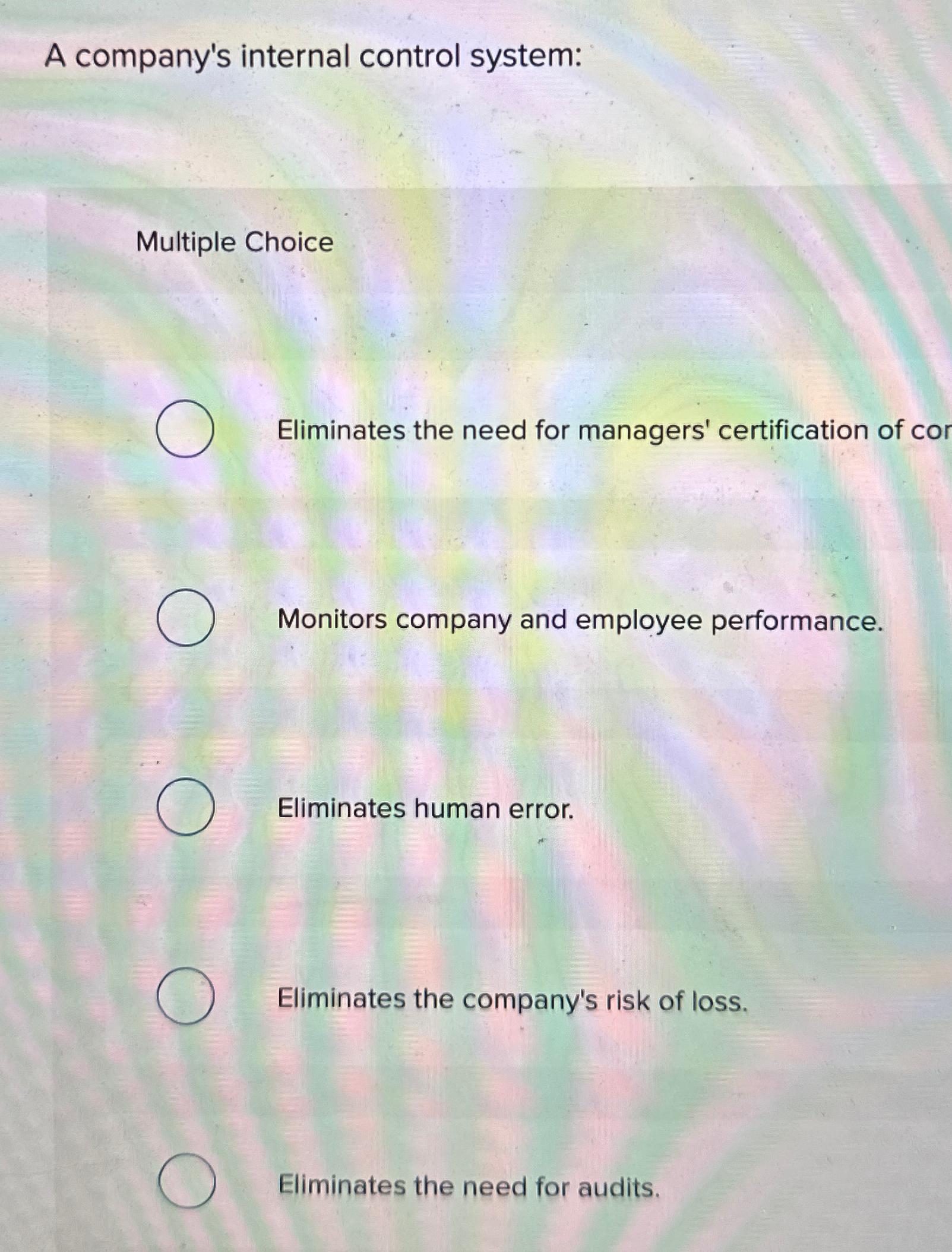 Solved A company's internal control system:Multiple | Chegg.com