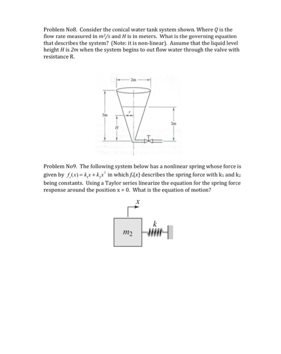 Solved Problem No8. Consider the conical water tank system | Chegg.com