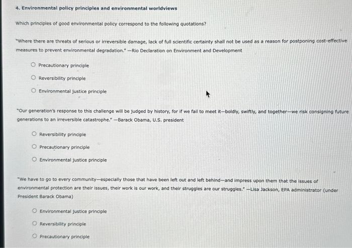 Solved 4. Environmental policy principles and environmental | Chegg.com