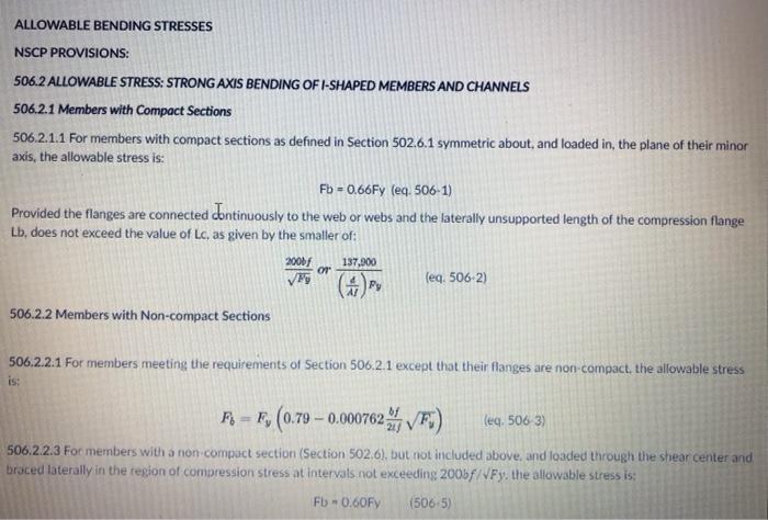 Solved ALLOWABLE BENDING STRESSES NSCP PROVISIONS: 506.2 | Chegg.com