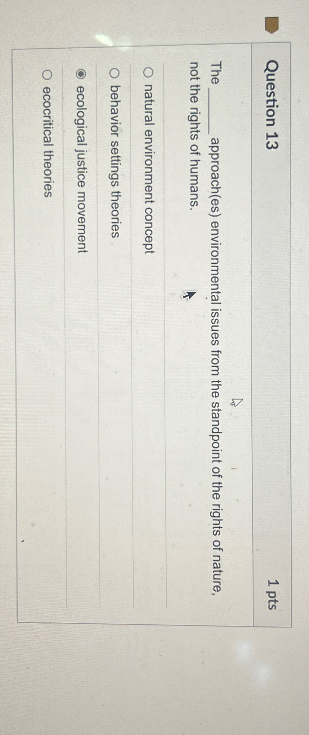 Solved Question 131ptsThe approach(es) ﻿environmental issues | Chegg.com