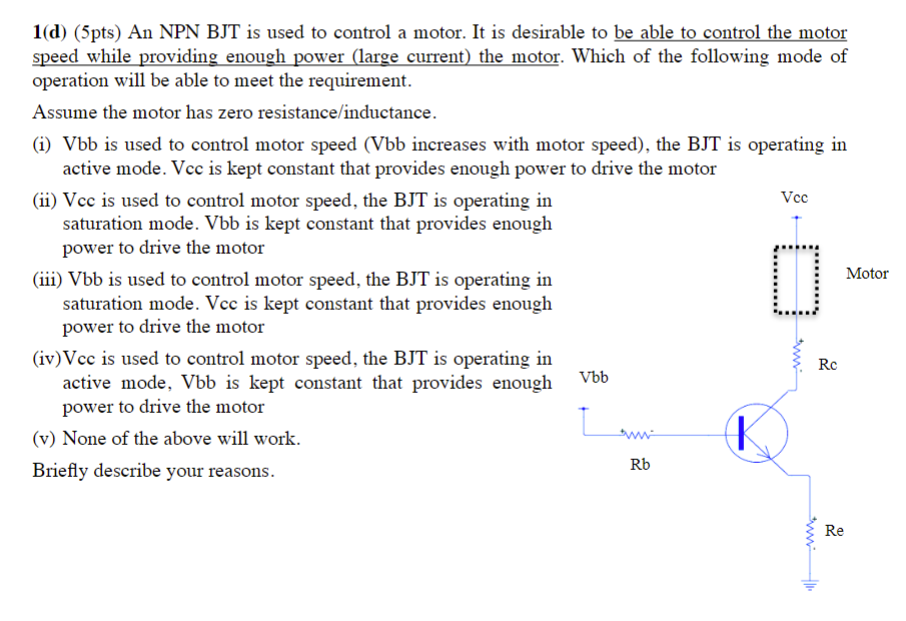 An NPN BJT is used to control a motor. It is | Chegg.com